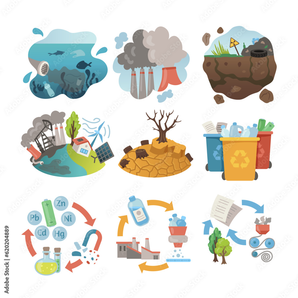 Environmental issues elements vector illustrations set. Cartoon ...
