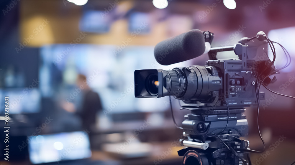 Video camera on a tripod. TV cameras. TV cam recording event. Behind ...