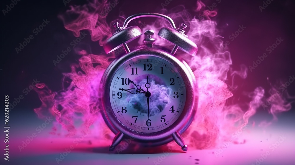 Illustration of a clock exploding with purple smoke on dark background ...