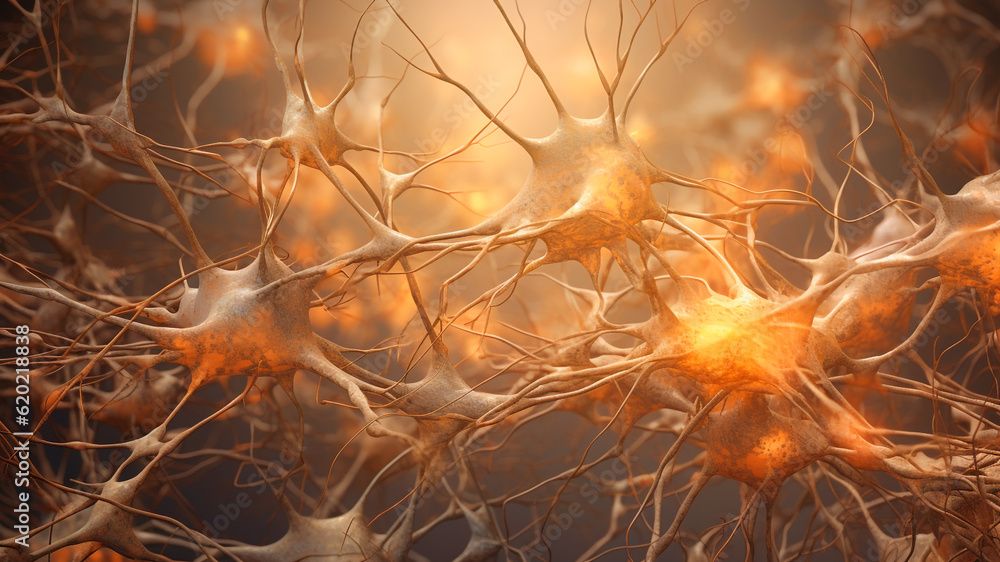 Neuron cells with glowing link knots. Red Neurons in brain. Generative ...