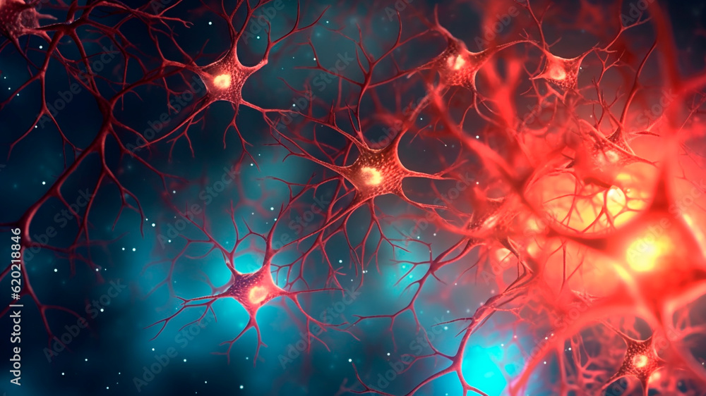 Neuron cells with glowing link knots. Red Neurons in brain. Generative ...
