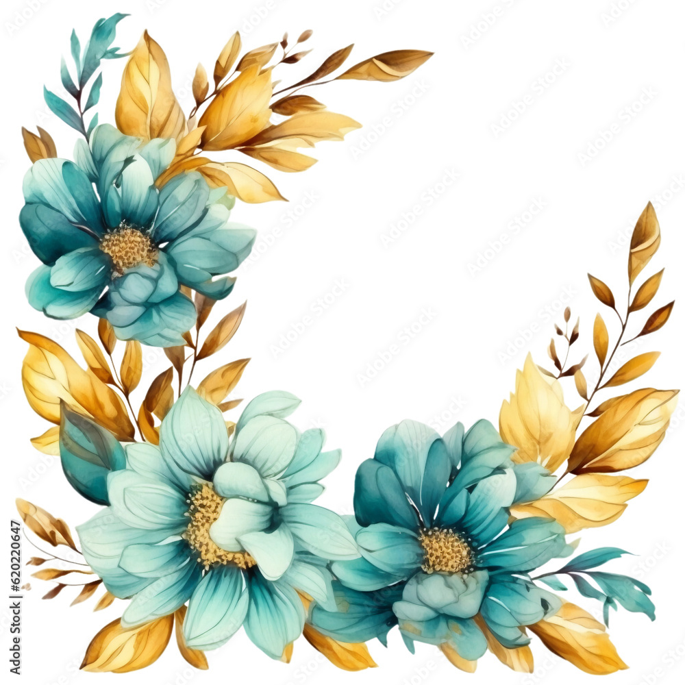 Teal and Gold Flowers Watercolor Clip Art, Watercolor Illustration ...