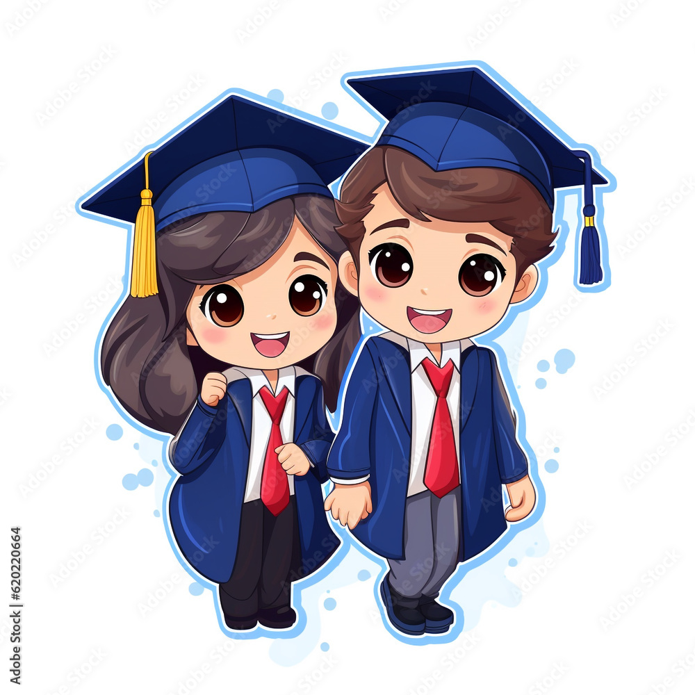 Cute students boy and girl in graduation cap. 2D flat cartoon sticker ...