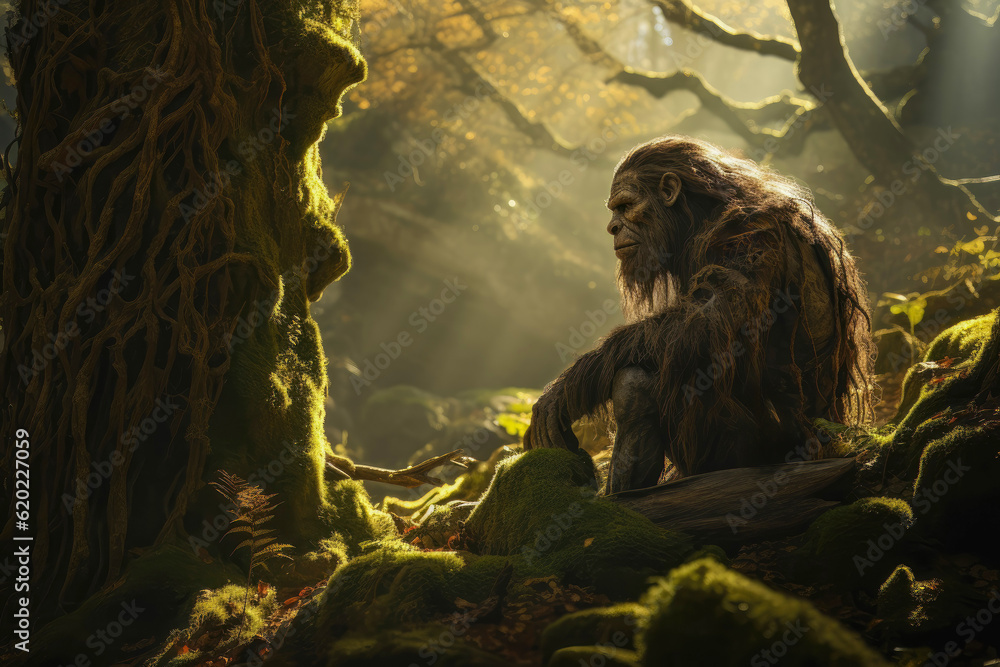 Early Neanderthal hominid seeking shelter in a moss-covered forest ...