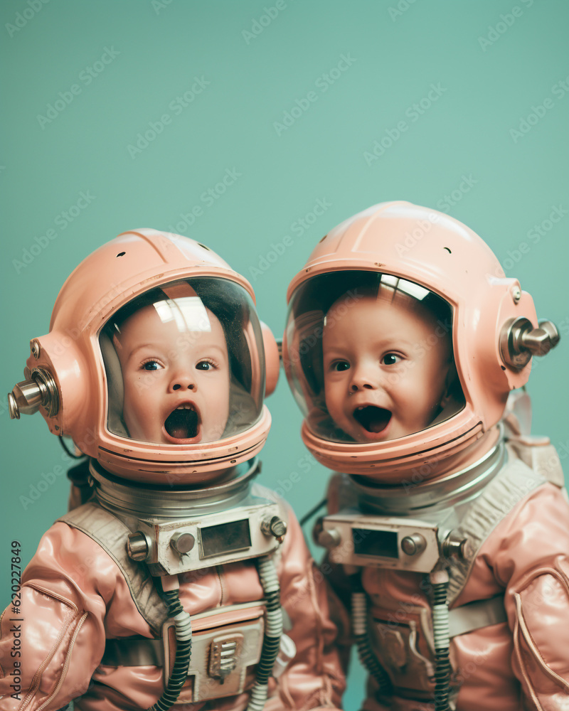 Generative ai little cute twins brothers astronaut wearing spacesuit ...