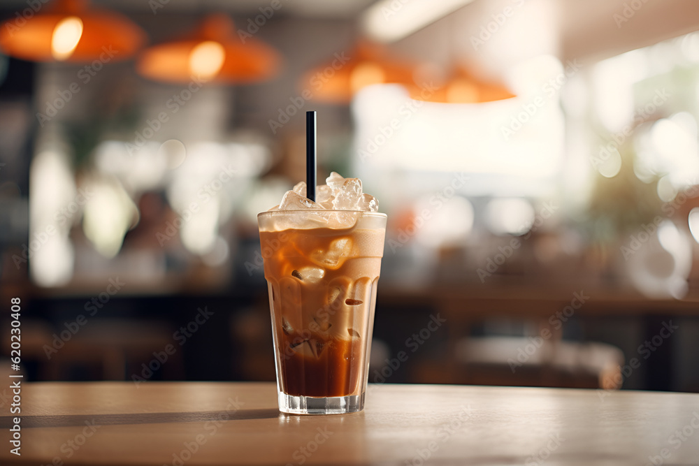 A tall glass of iced latte coffee with milk cream on a wooden counter ...