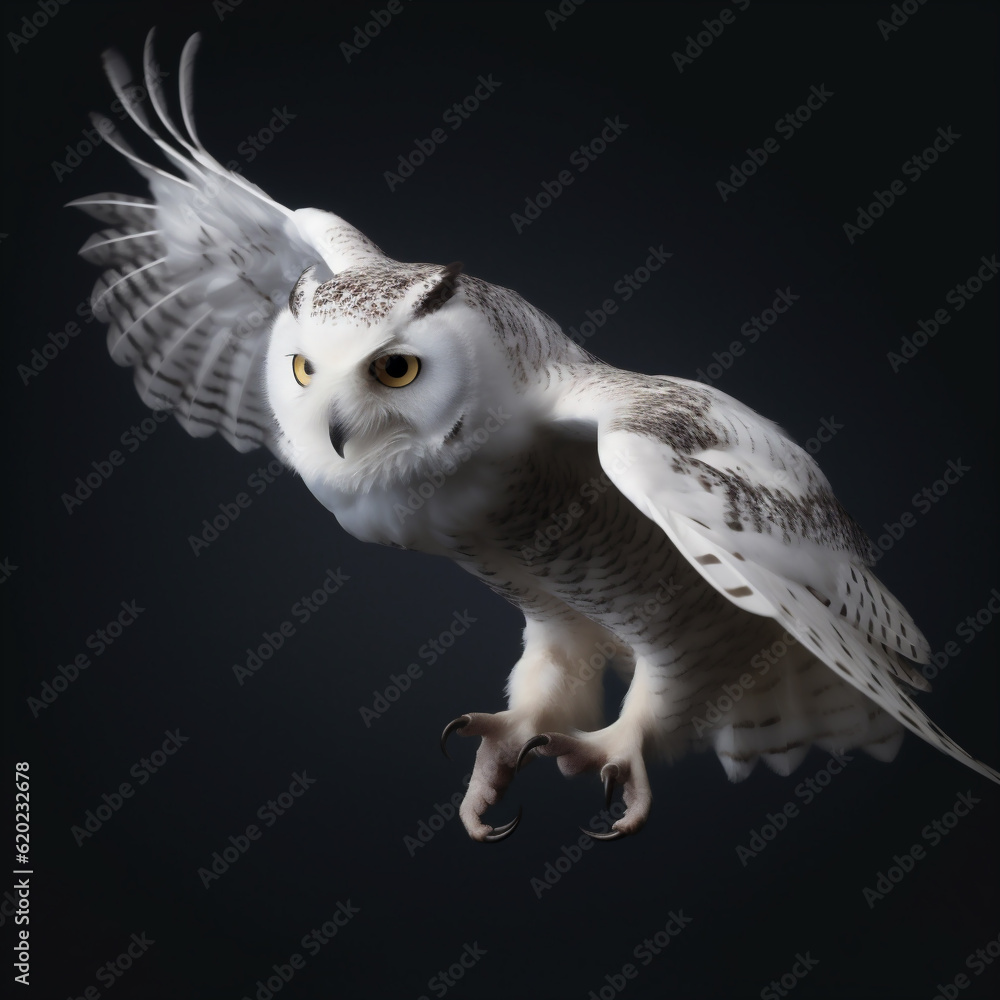 Arctic Snowy Owl (Bubo scandiacus) Captured in Majestic Flight Against a Dark Black Studio ...