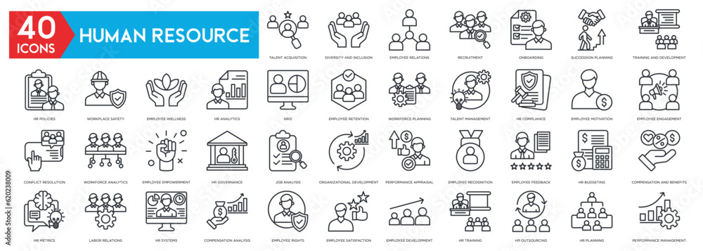 Human resources icons to business process, team work, personnel ...