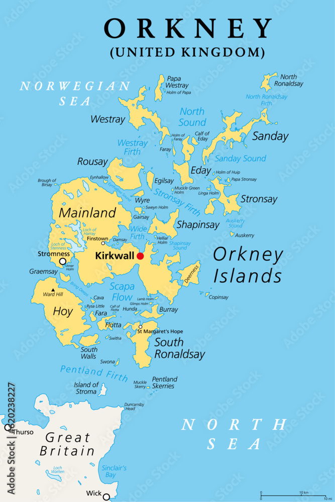 Orkney, or also Orkney Islands, political map. Archipelago of about 70 ...