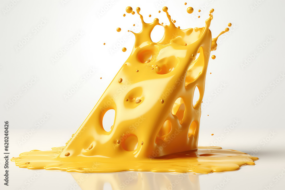 Piece of yellow cheese with holes melts and turns into cheese sauce or ...