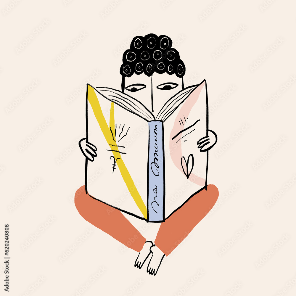 Vector illustration of person sitting and reading interesting book ...