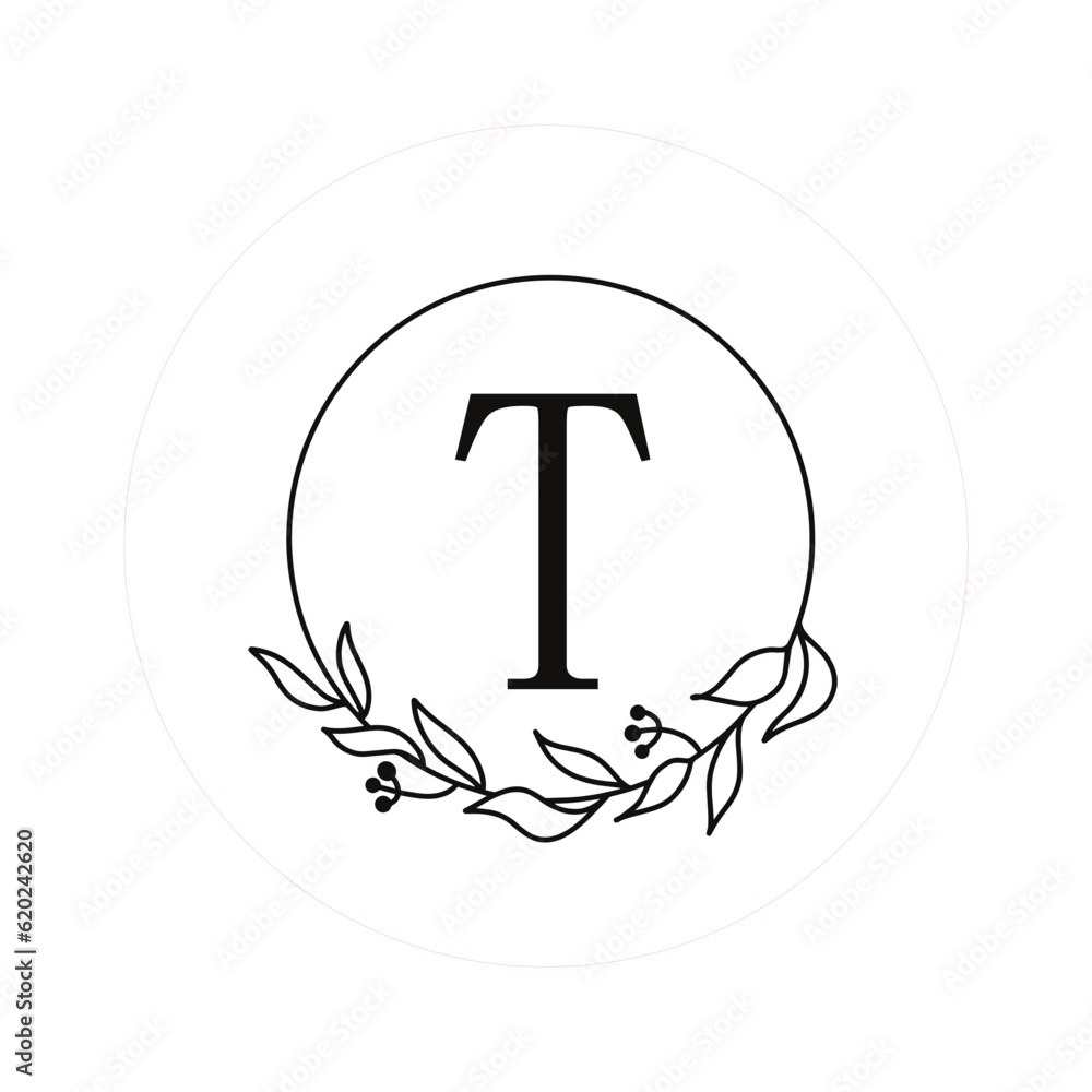 Letter "T" Initials with Round Floral Frames, Vector Monogram Logo ...