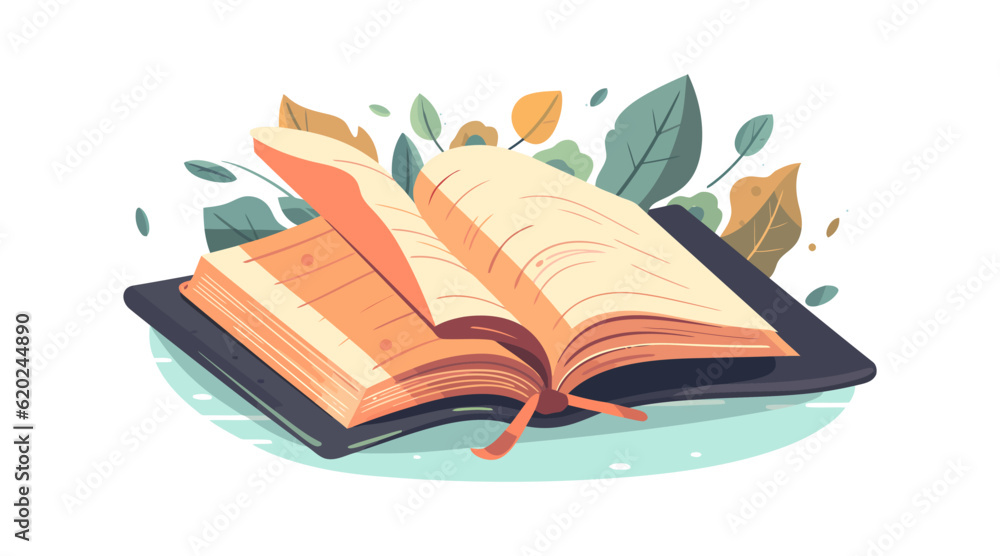 Open book with leaves, flat cartoon isolated on white background ...