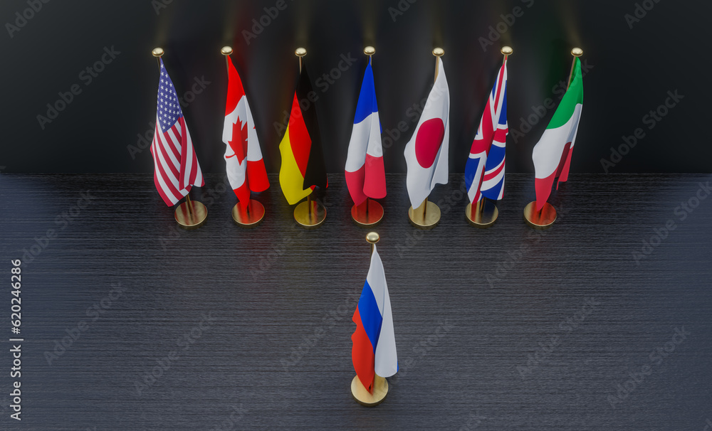 G7 countries against Russia, Flags of G7 countries and Russia flag ... G7 countries against Russia, Flags of G7 countries and Russia flag ...