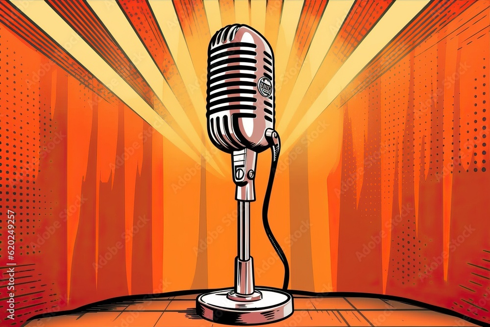 Retro style microphone on a stage with comic background (Ai generated ...