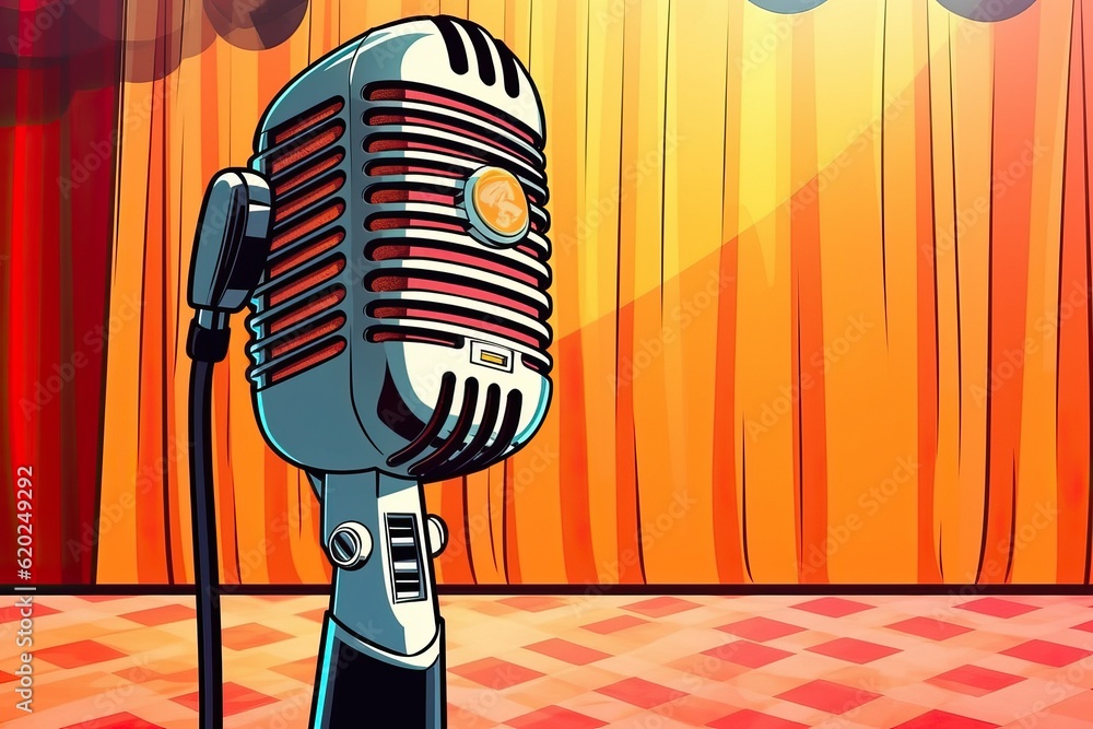 Retro style microphone on a stage with comic background (Ai generated ...