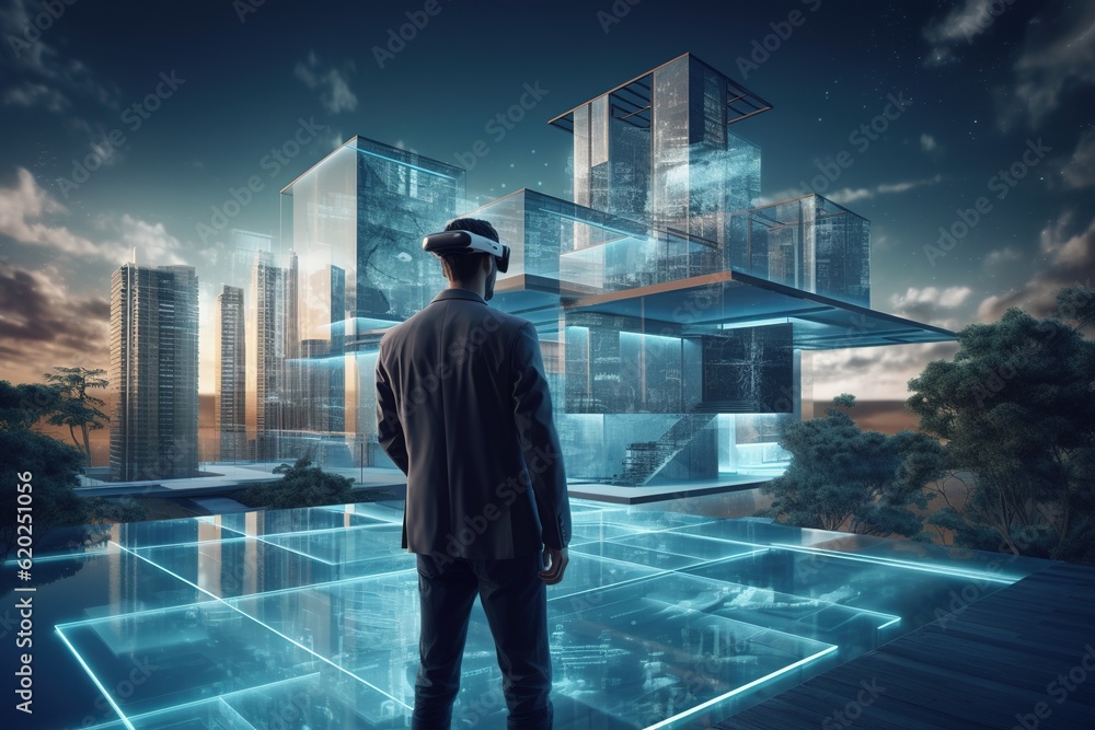 Male Architect designing a modern building with Holographic Augmented ...