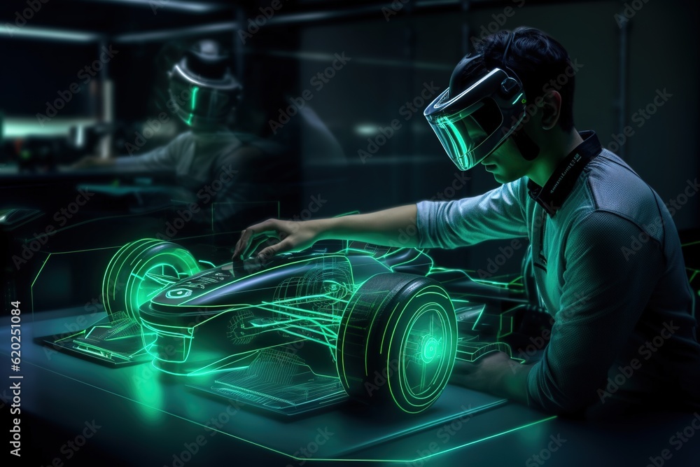 An engineer designing a f1 car using augmented reality and viewing the ...