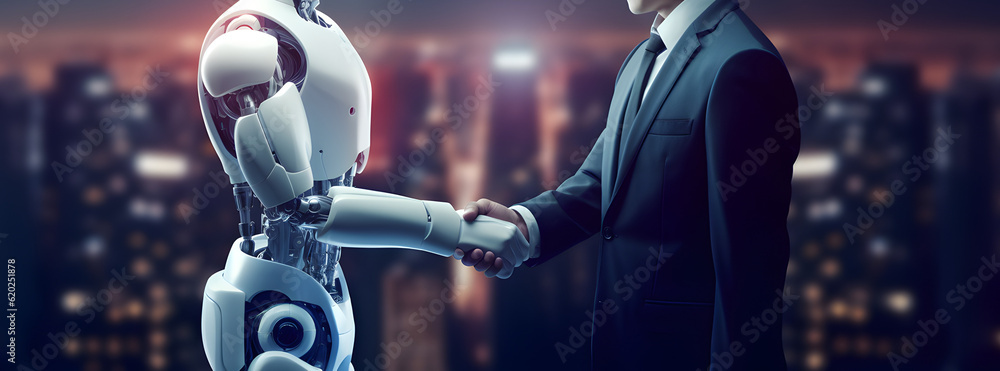 Robot and businessman in handshake. Concept of human robot ...