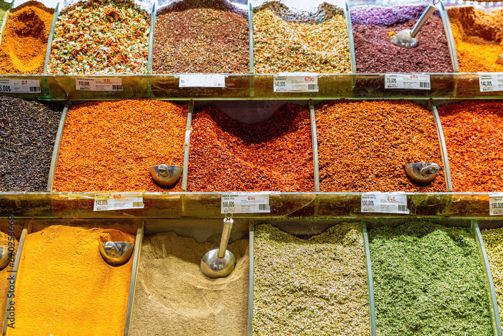 Spices Market with colourful mood. Turkish names of spices sorts at ...