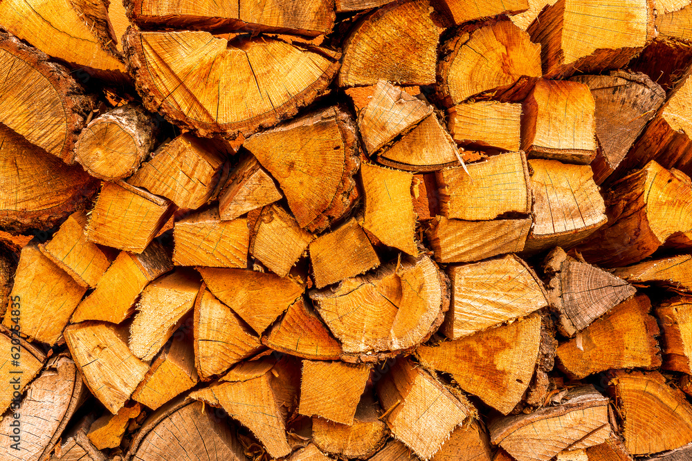 beautiful yellow background of firewood closeup. fuel wood for stove ...