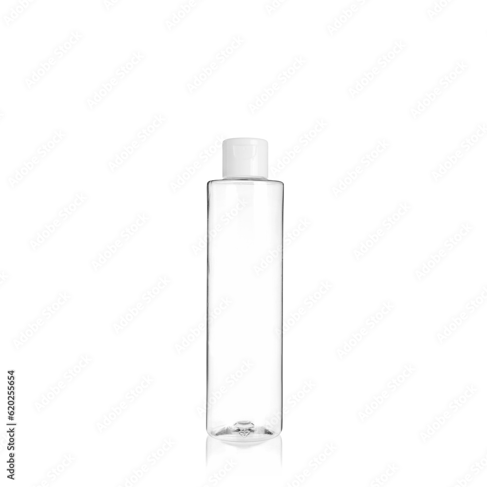 Transparent cylindrical PET bottle container with white cap. Packaging ...