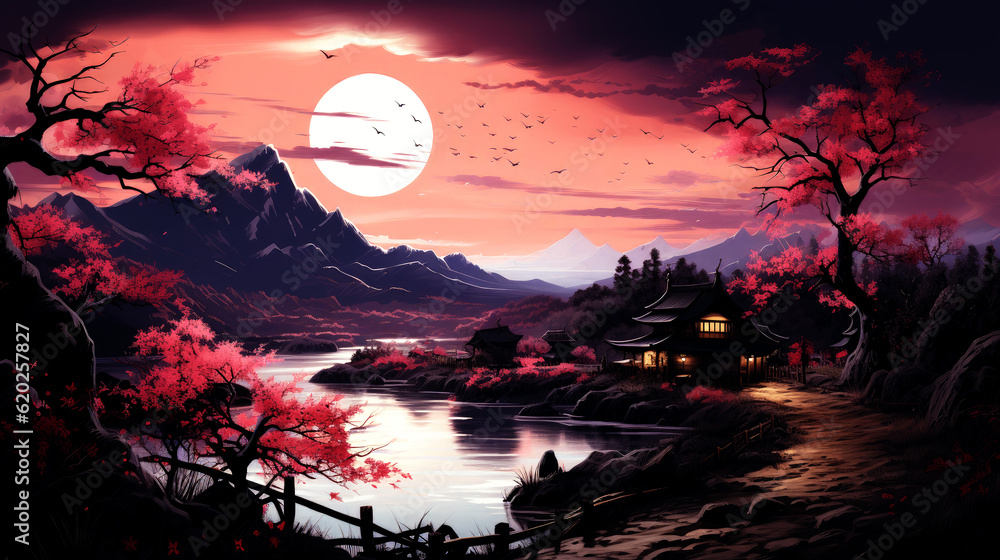 Illustration of a Japanese style cabin by the edge of a river in a ...