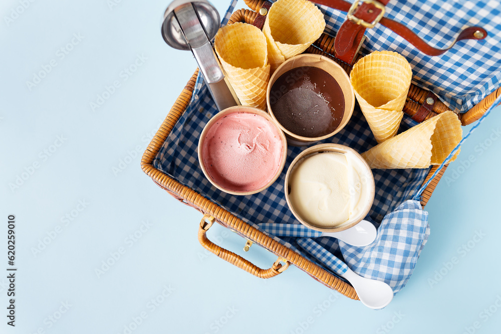 Ice cream to go, top view. Fair on the street. Ice cream case. Ice ...
