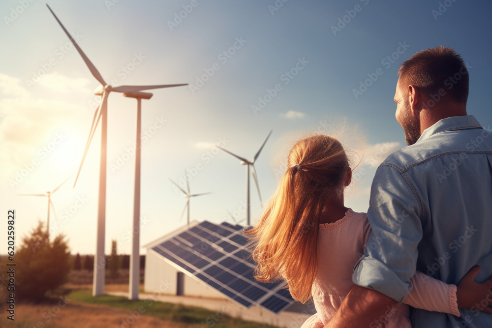 Dad and daughter are standing near the house with installed solar ...