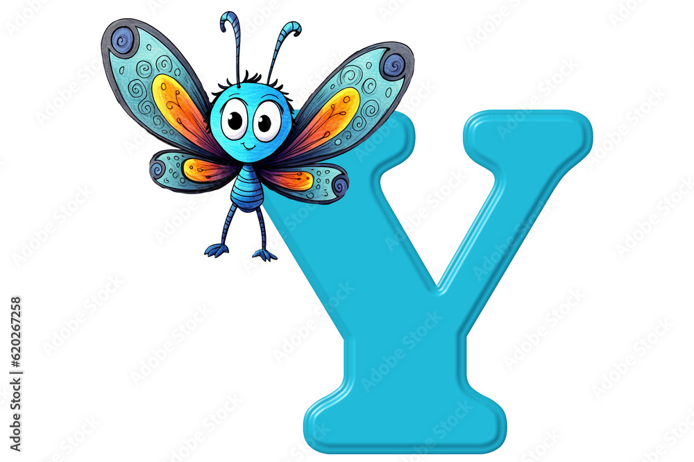 Uppercase letter Y with cute butterfly illustration, animal alphabet ...