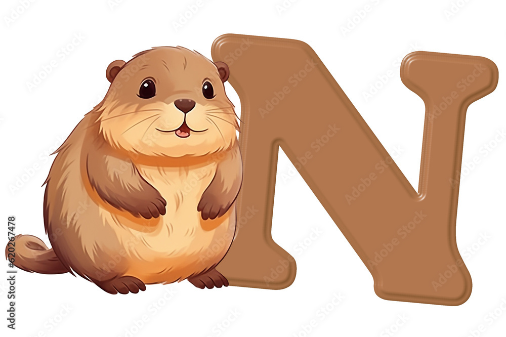 Uppercase letter N with cute nutria illustration, animal alphabet ...