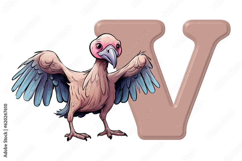 Uppercase letter V with cute vulture illustration, animal alphabet ...