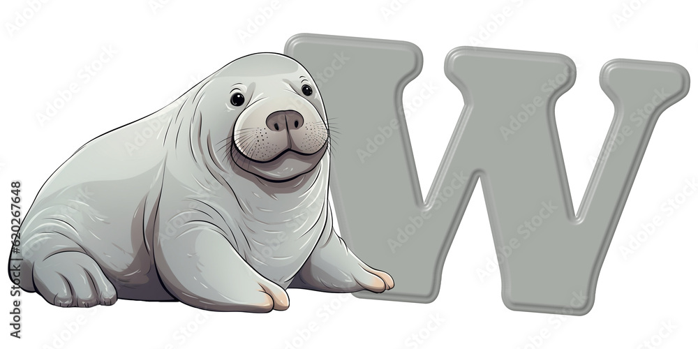 Uppercase letter W with cute walrus illustration, animal alphabet ...