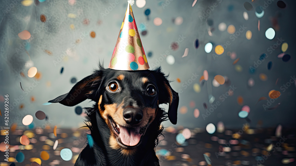 Happy cute dog in party hat celebrating birthday surrounded by falling ...