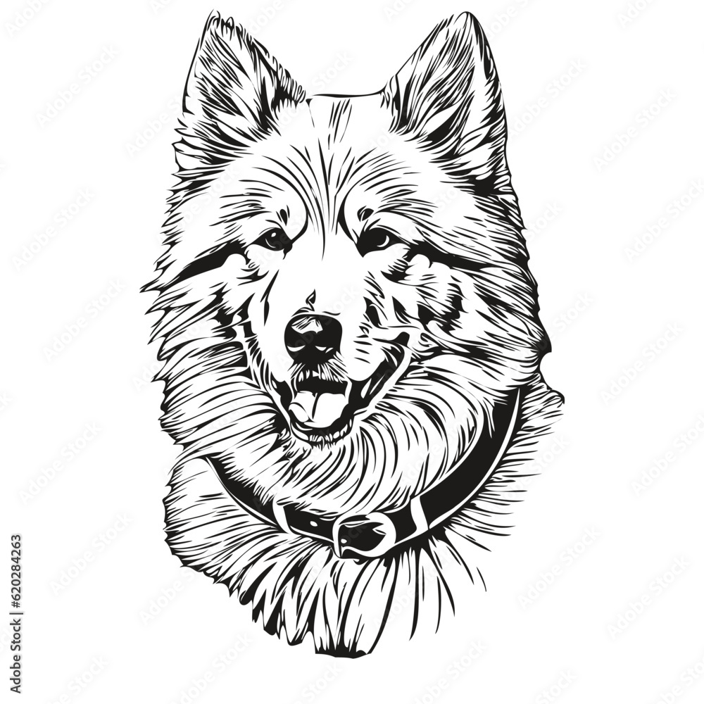 Samoyed dog outline pencil drawing artwork, black character on white ...