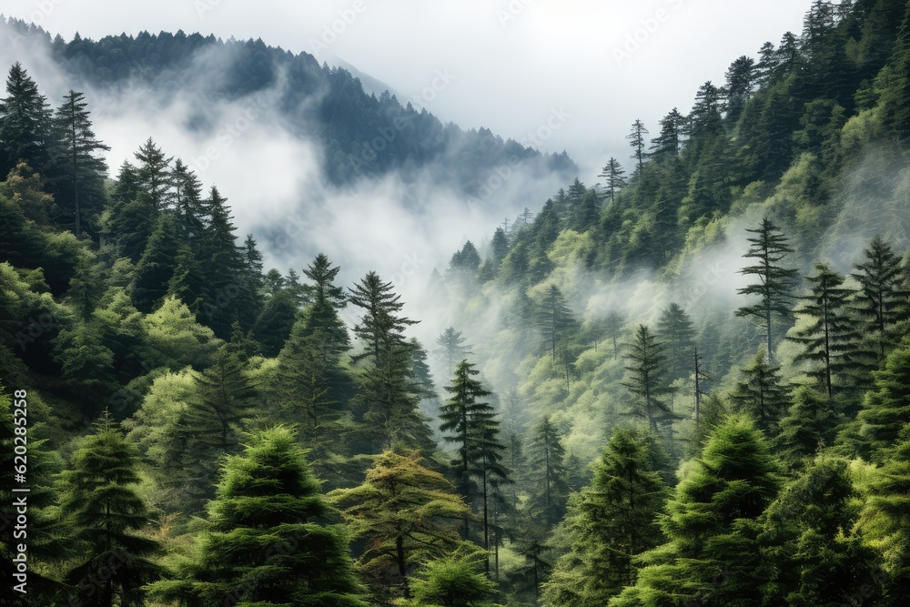 a mountain forest with high trees myst and fog grim background AI ...