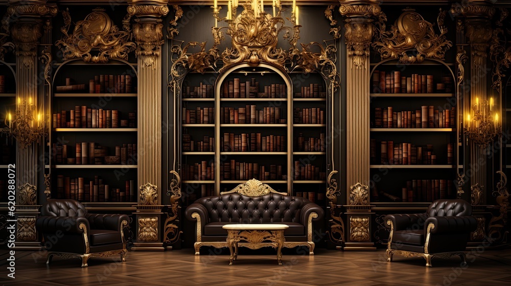 A sophisticated library with golden bookshelves and floral ...