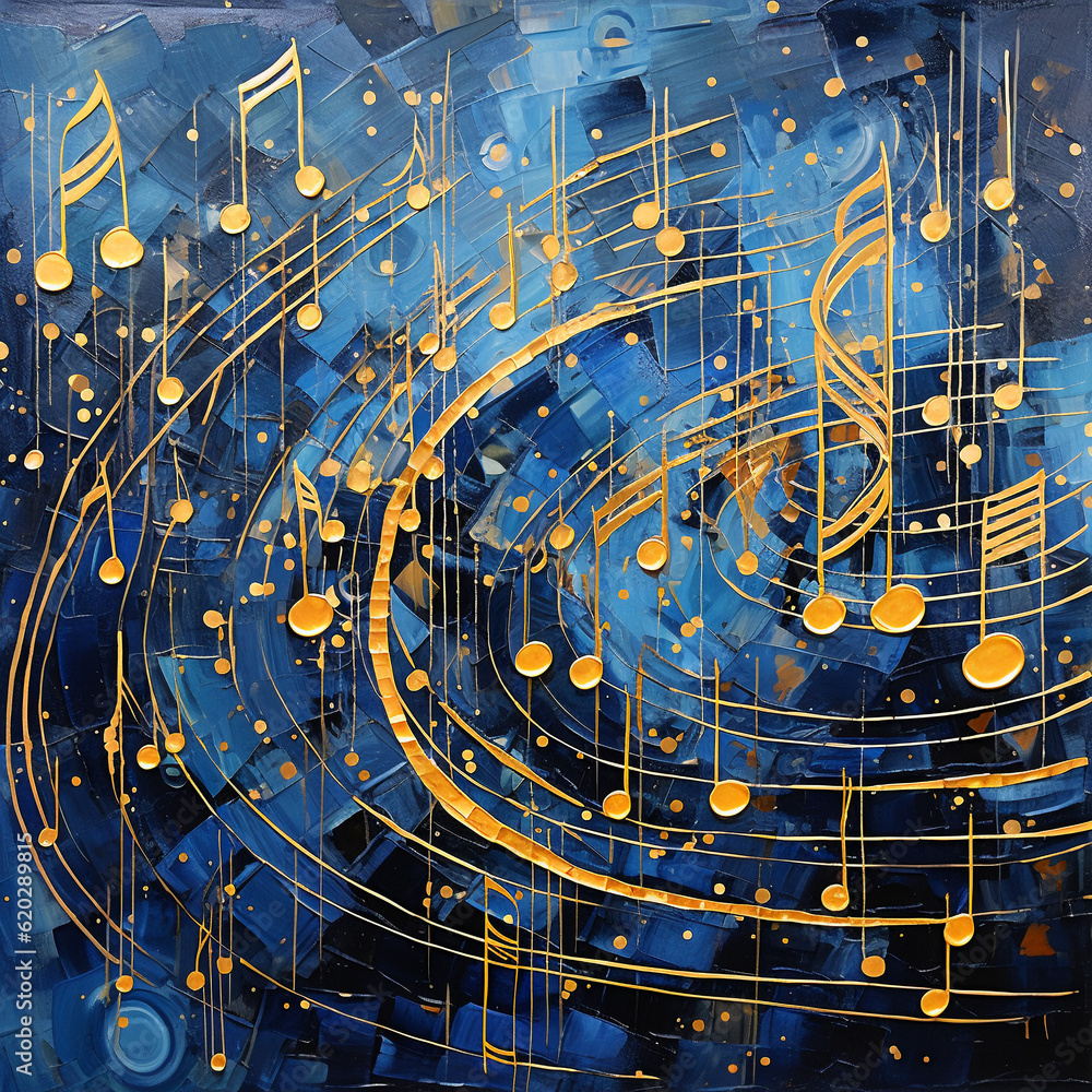 An abstract painting featuring golden notes, deep sky blue and gold ...