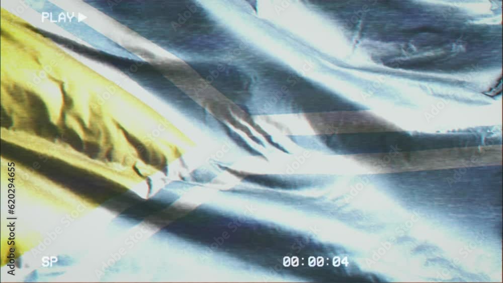 VHS video casette record Tuva flag waving on the wind. Glitch noise ...
