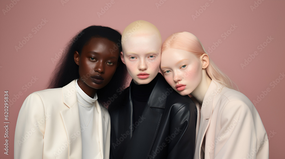 beauty diversity, 3 models with different skin colors, albino girl ...