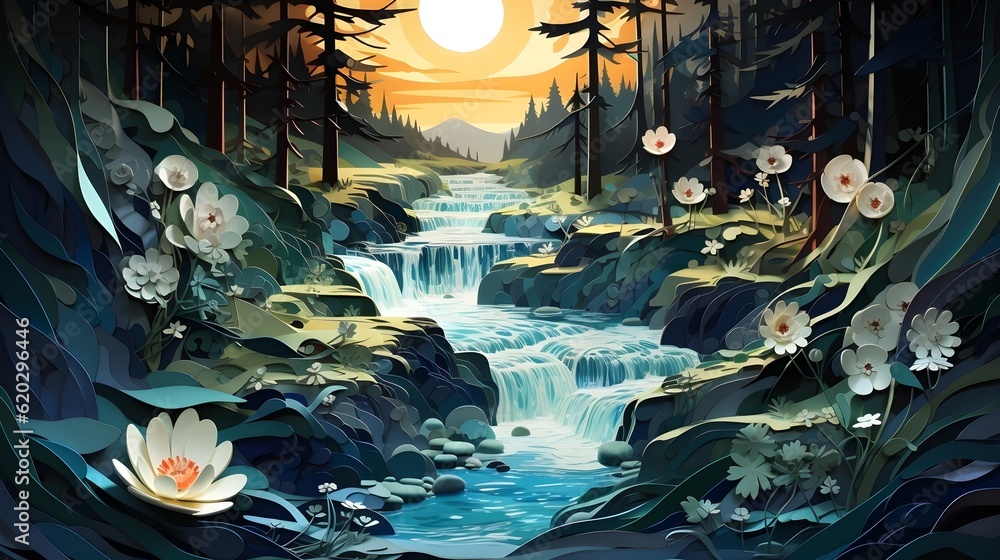 "Enchanted Falls: Monochromatic Waterfall Embracing Crystalline ...