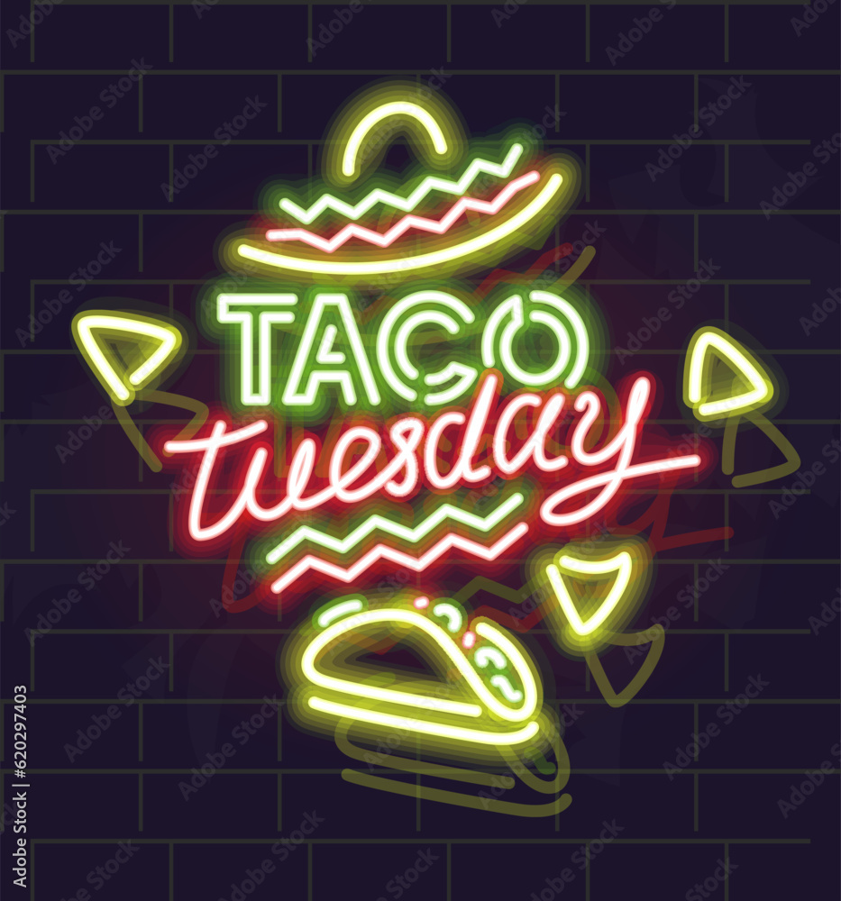 Neon taco tuesday poster. Typography with mexican food silhouette on ...