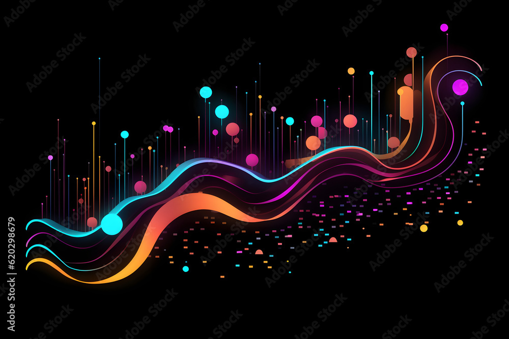 Abstract waveforms with colorful dots and tech chart elements on a dark ...