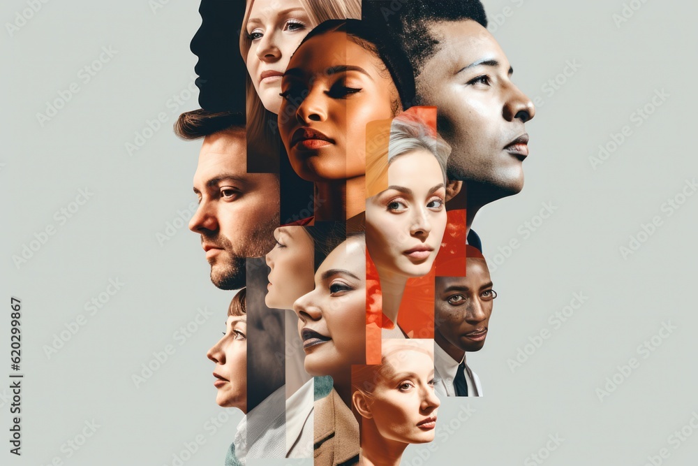 dramatic collage of faces, different races and ethnicities, acceptance ...