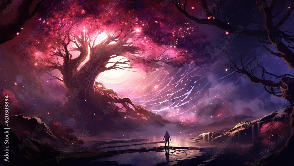 space background with tree in japanese style glowing space tunnel ...