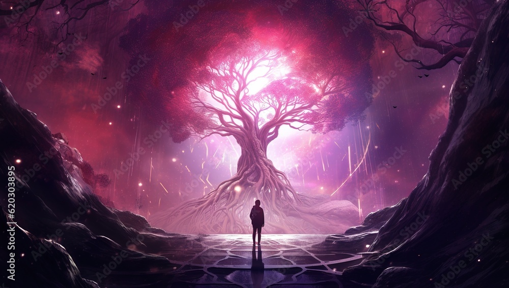 space background with tree in japanese style glowing space tunnel ...