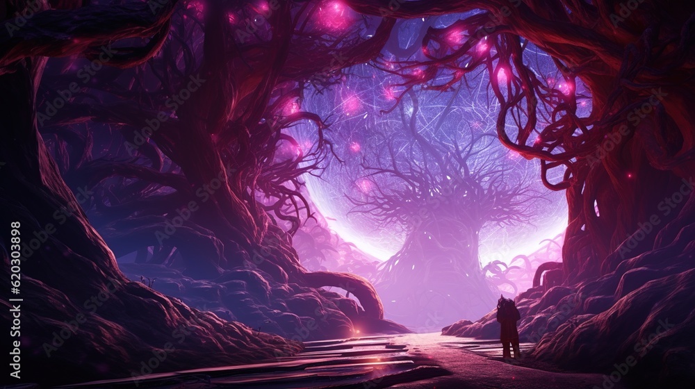 space background with tree in japanese style glowing space tunnel ...