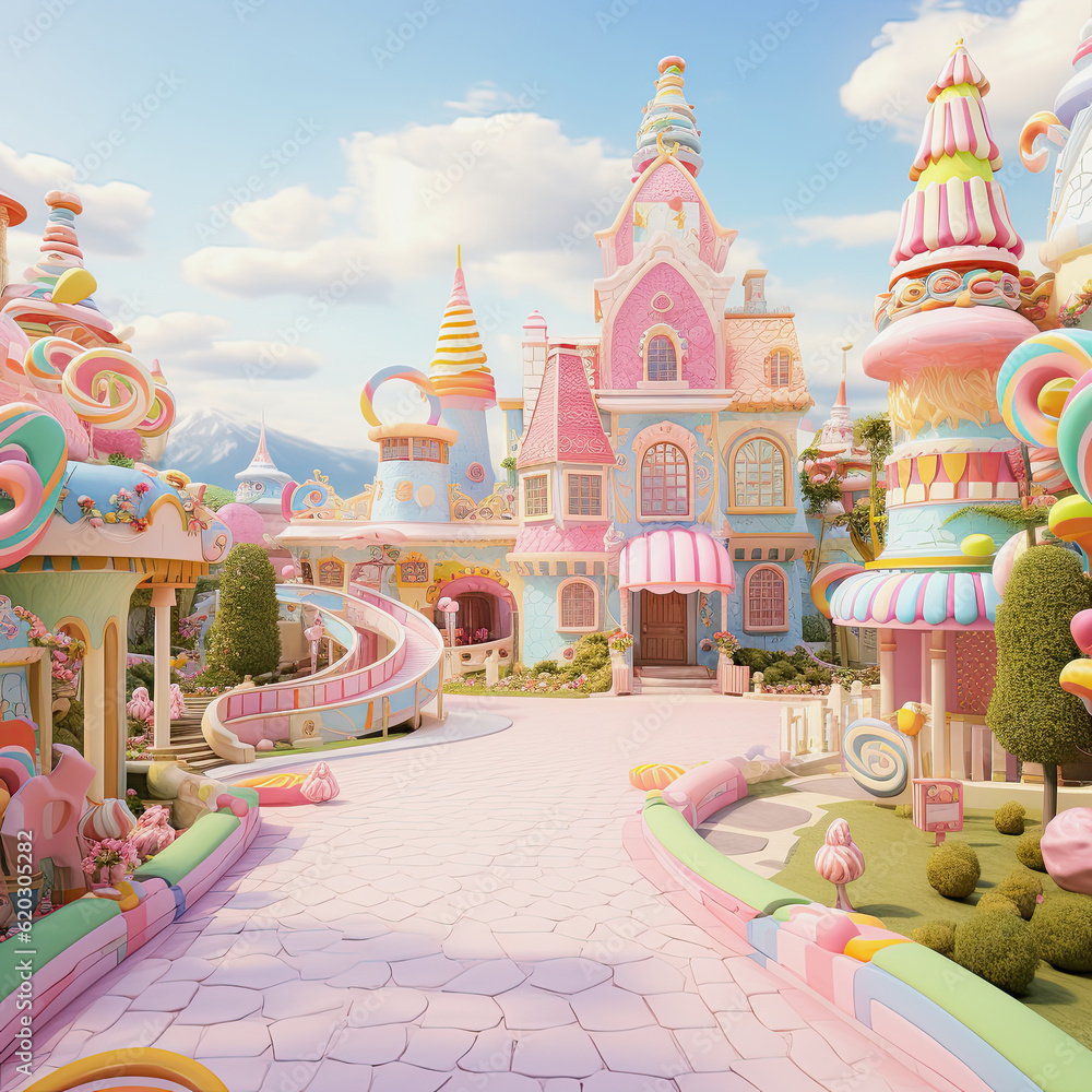 generative ai illustration of a pastel colored candy village with a ...