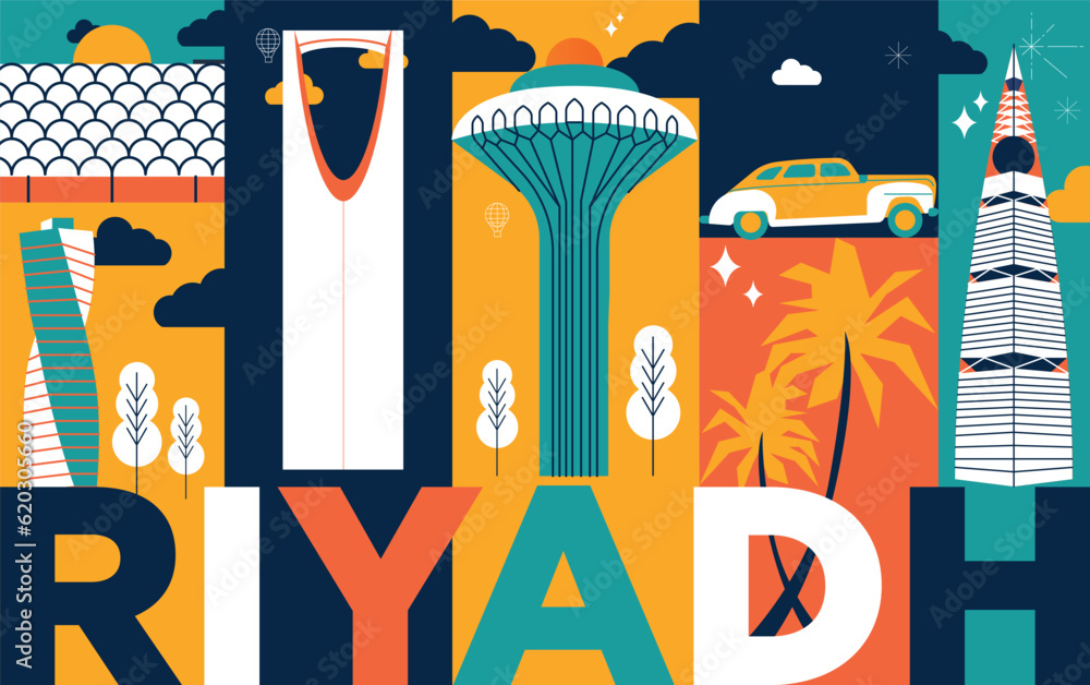 Typography word Riyadh branding technology concept. Collection of flat ...