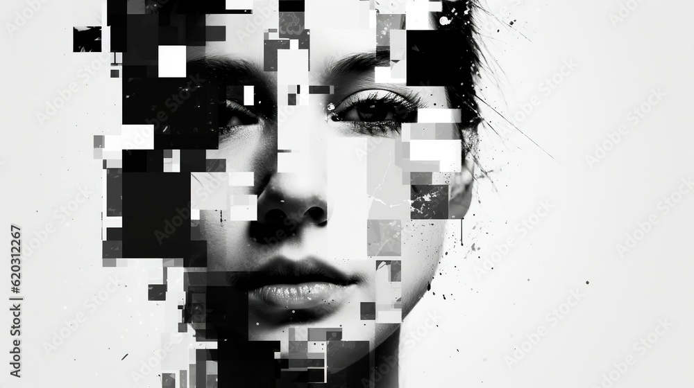 Pixelated image of a young woman's face. Face defragmented. Psychology ...